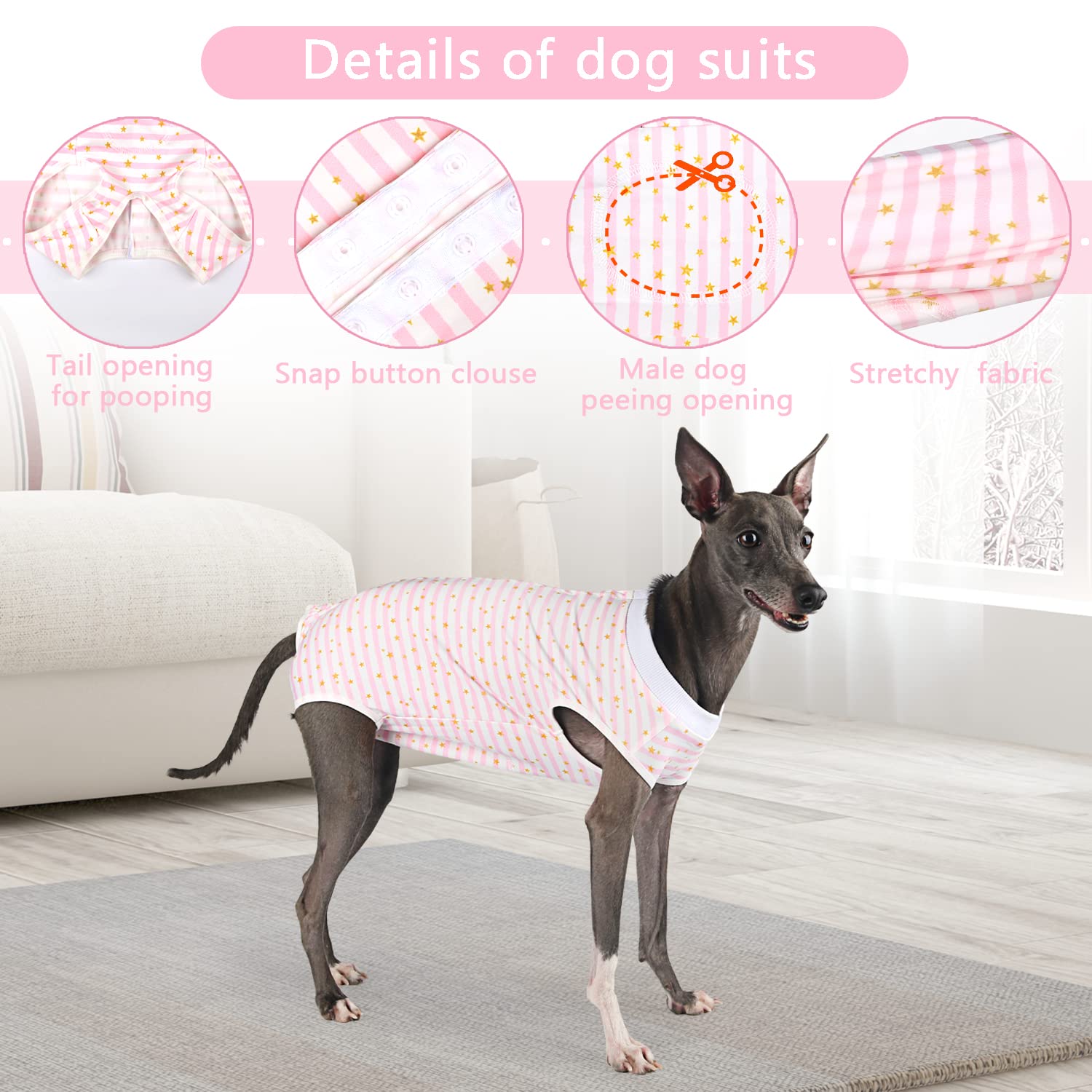 Etdane Recovery Suit for Dog Cat After Surgery Dog Surgical Recovery Onesie Female Male Pet Bodysuit Dog Cone Alternative Abdominal Wounds Protector Pink Stripe/Star/Medium