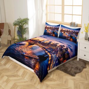 New York City Bedding Set Cityscape Duvet Cover King Size,Manhattan Skyline Comforter Cover Bridge Sunset Scenery Quilt Cover City Lights Bedroom Decor for Boys Girls Youth