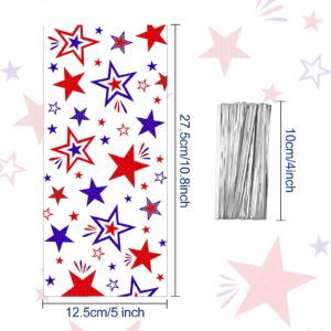 100 Pieces Patriotic Celllo Treat Bags Labor Day Goodie Bag Blue Red USA Star Candy Bag Independence Day 4th of July Cellophane Plastic Bag with 100 Silver Twist Tie for American Party Supplies Gift