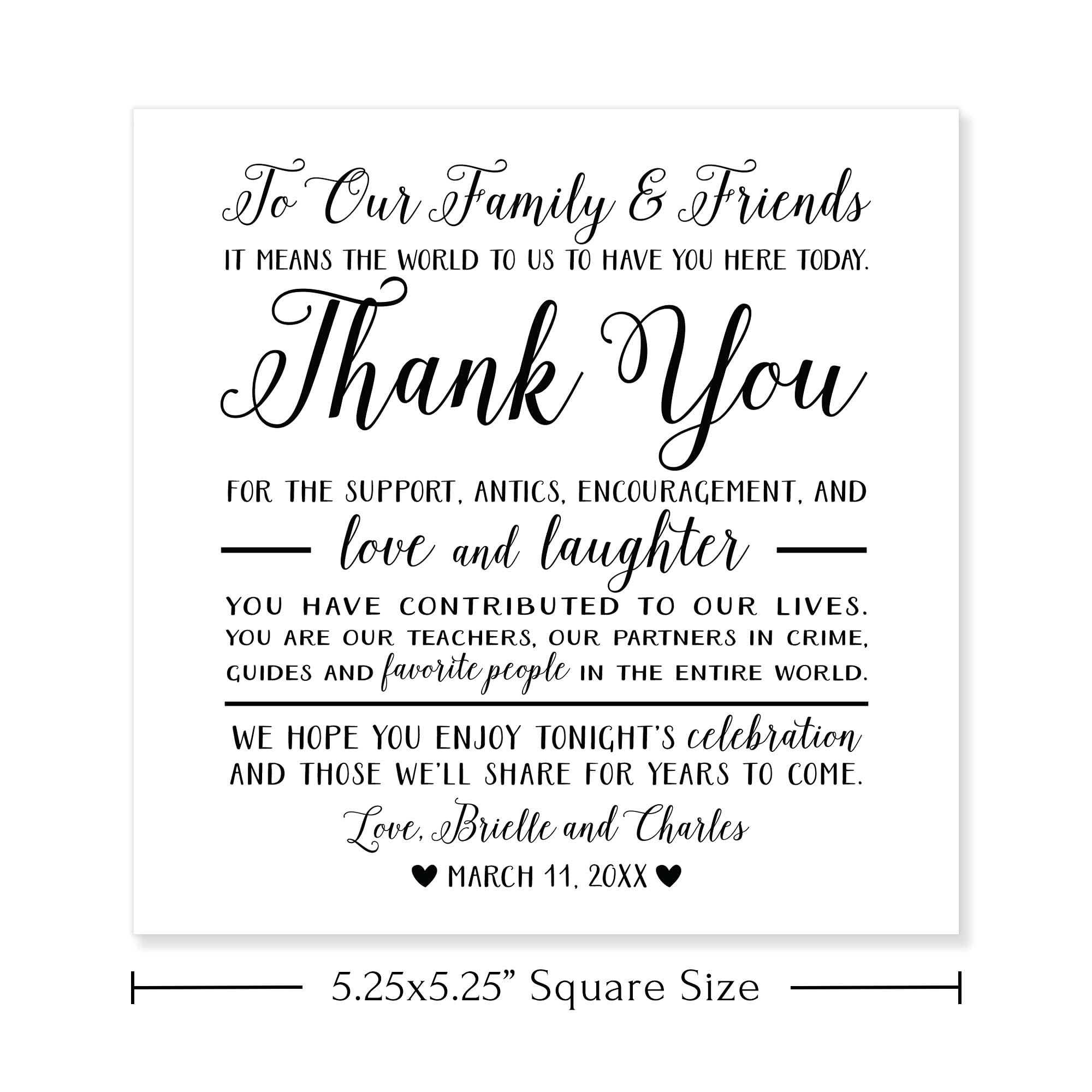 Hello Love Goods Personalized Wedding Reception Place Setting Thank You Cards, Table Decoration Centerpieces, 5.25x5.25, Made in the USA