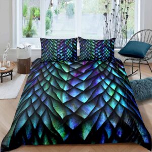 feelyou dragon scales duvet cover for kids teens reptile skin 3d bedding set animal comforter cover ultra soft decor bedspread cover blue and green queen size with 2 pillow case