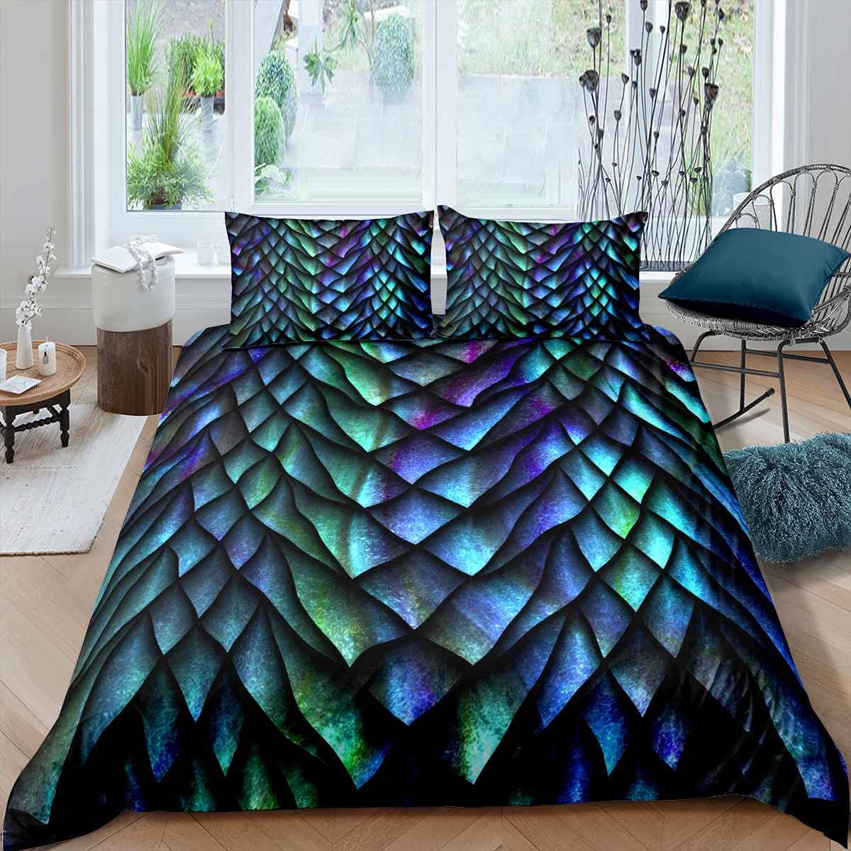 Feelyou Dragon Scales Duvet Cover for Kids Teens Reptile Skin 3D Bedding Set Animal Comforter Cover Ultra Soft Decor Bedspread Cover Blue and Green Queen Size with 2 Pillow Case