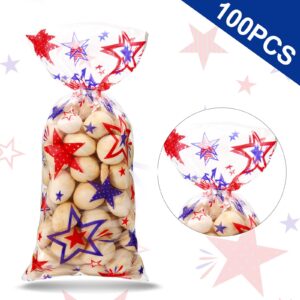 100 Pieces Patriotic Celllo Treat Bags Labor Day Goodie Bag Blue Red USA Star Candy Bag Independence Day 4th of July Cellophane Plastic Bag with 100 Silver Twist Tie for American Party Supplies Gift