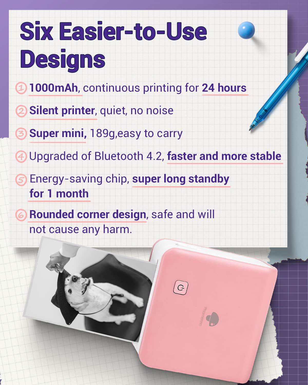 Memoking Inkless Sticker Printer - 300dpi M02Pro Thermal Mini Printer for Phone, Bluetooth Sticky Note Printer, Portable Pocket Printer Machine - Pink Mini Photo Printer for DIY, Study Notes