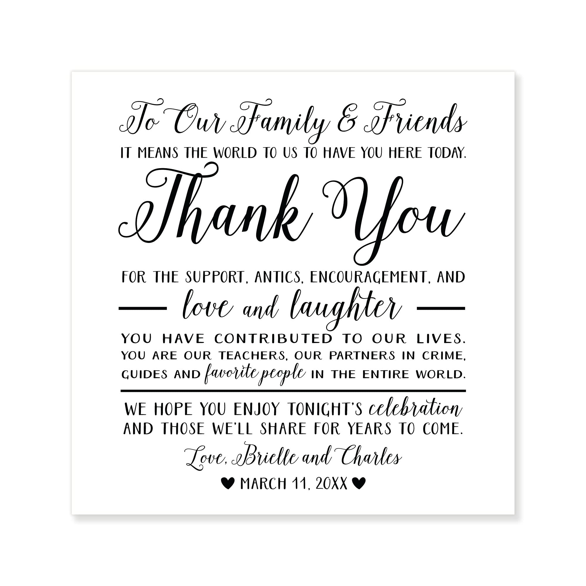 Hello Love Goods Personalized Wedding Reception Place Setting Thank You Cards, Table Decoration Centerpieces, 5.25x5.25, Made in the USA