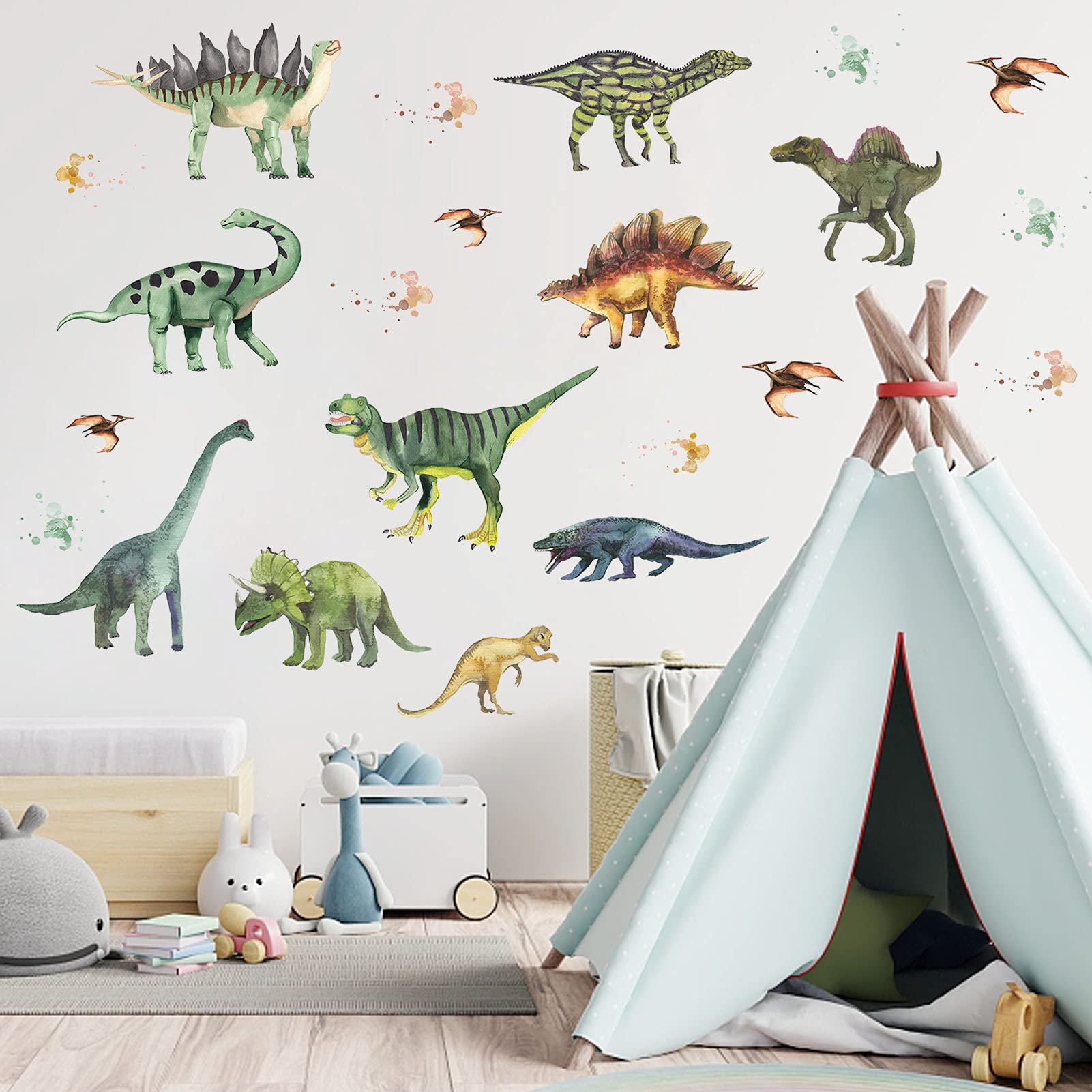 ASMPIO 14Pcs Dinosaurs Wall Stickers, Removable Forest Dinosaur Wall Decals Waterproof Dino Animal Decor Mural for Bedroom Living Room Bathroom Home Decoration