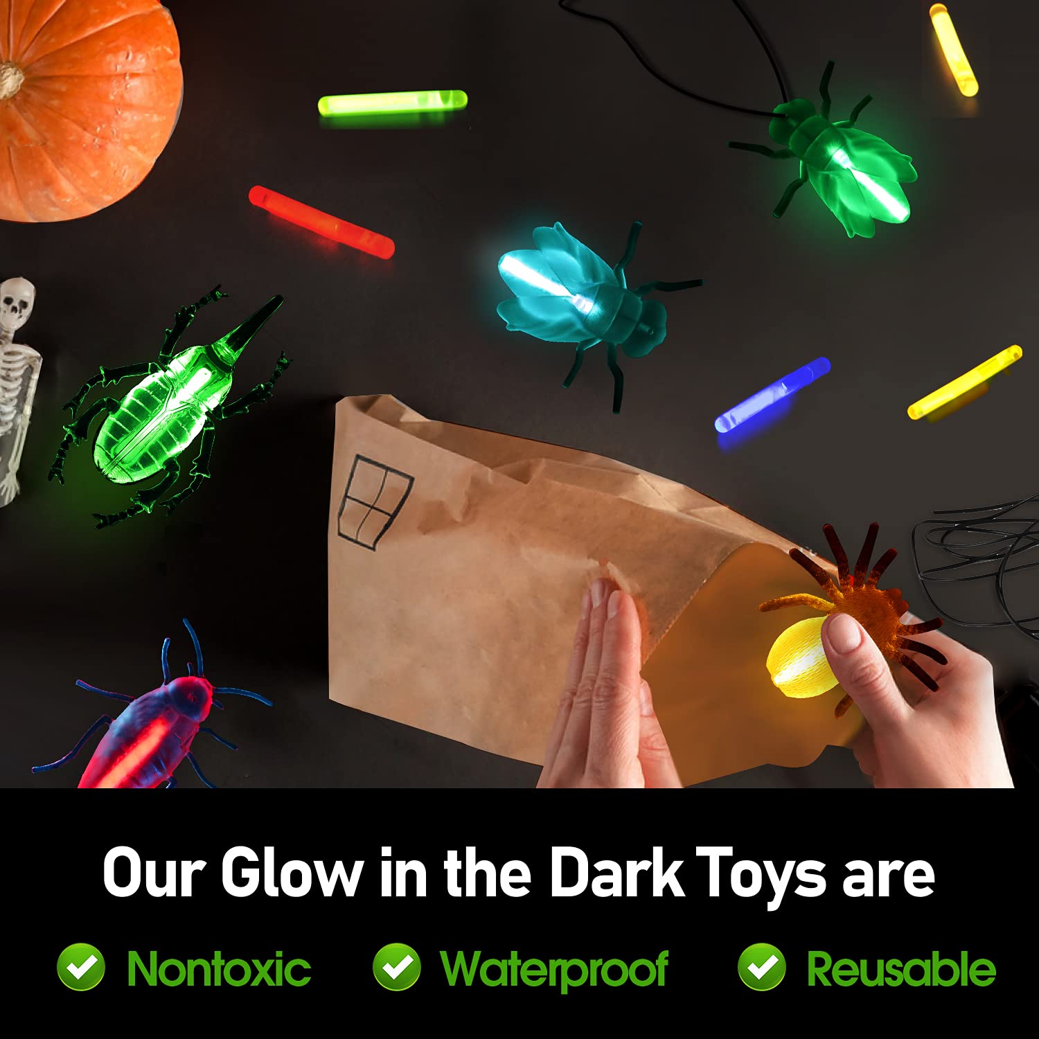 Glow Critters for Halloween Party Favor, Glow in The Dark Toys Set for Kids, School Classroom Game Rewards, Trick or Treating Goodie Supplies, Halloween Miniatures/Prizes,20 Critters 40 Glow Sticks