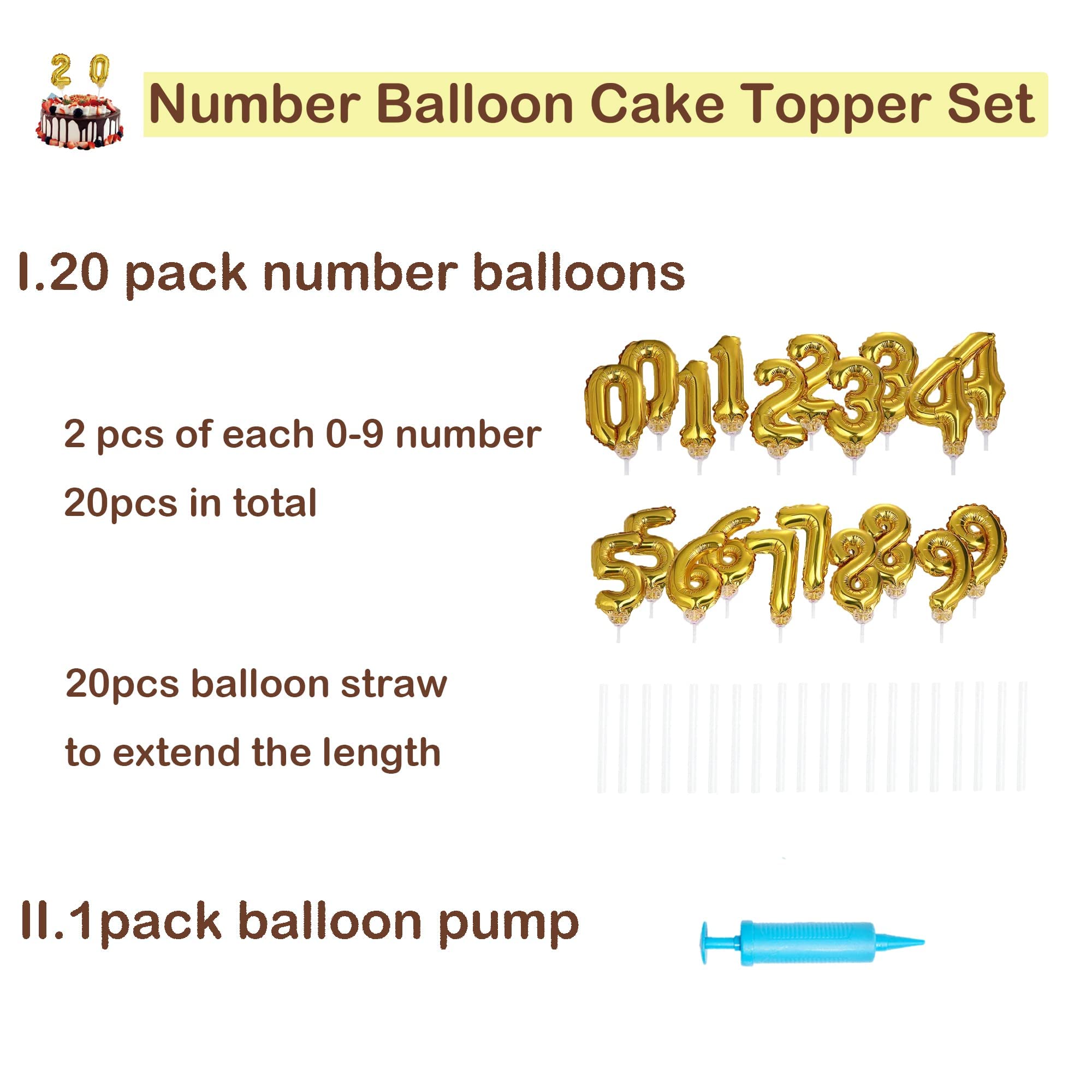 Cake Topper Mini Number Balloon with Mini Balloon Pump for Birthday Anniversary Valentine's Day Baby Shower Party Reusable Decorations 21 Pack