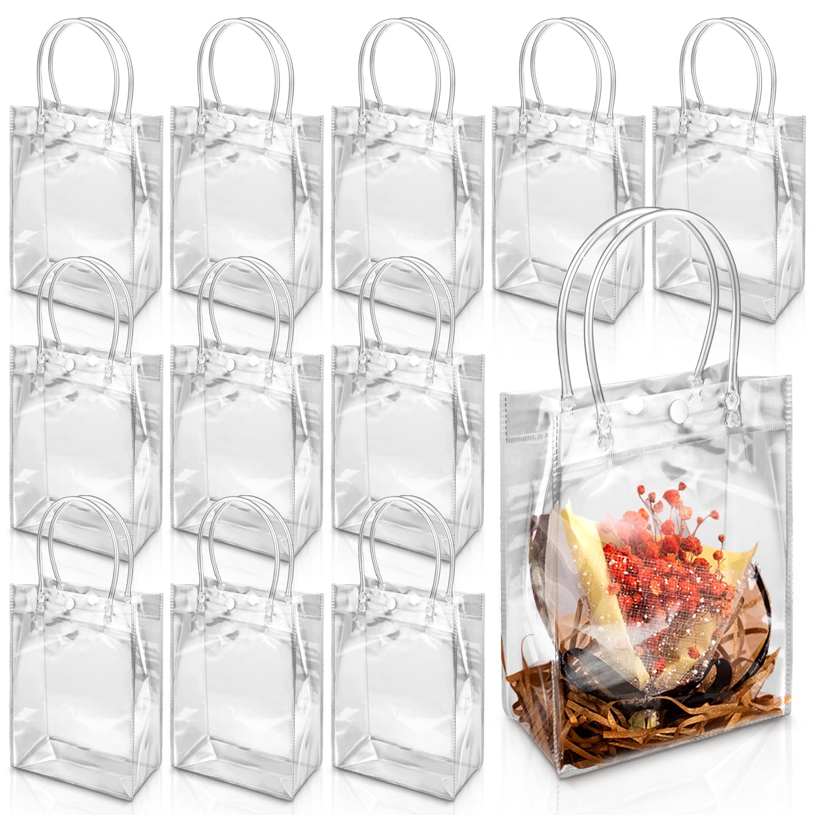 Oomcu 18 Pack Clear Plastic Gift Bags with Handle,9.06" x 6.7" x 2.76" Reusable PVC Wrap Tote Bags for Shopping Retail Goodies Business Boutique Wedding Birthday Baby Shower Party Favor halloween