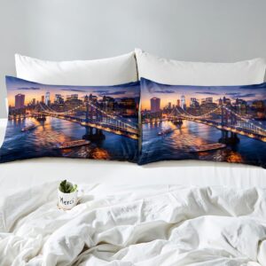 New York City Bedding Set Cityscape Duvet Cover King Size,Manhattan Skyline Comforter Cover Bridge Sunset Scenery Quilt Cover City Lights Bedroom Decor for Boys Girls Youth