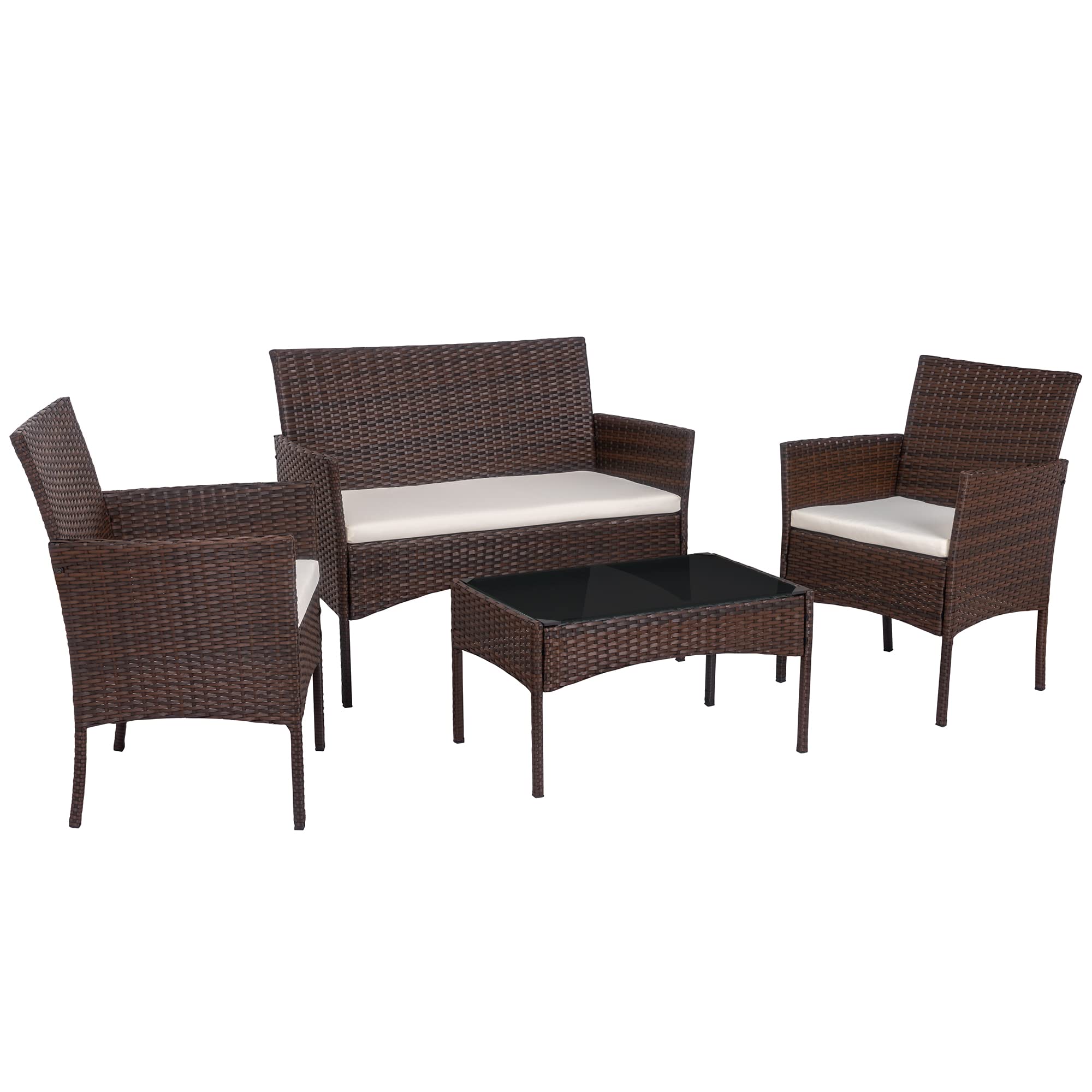 SUNLEI 4 Pieces Outdoor Patio Furniture Sets Conversation Sets Rattan Chair Wicker Set,Coffee Table,Outdoor Indoor Use Backyard Porch Garden Poolside Balcony Furniture(Brown Rattan/White)