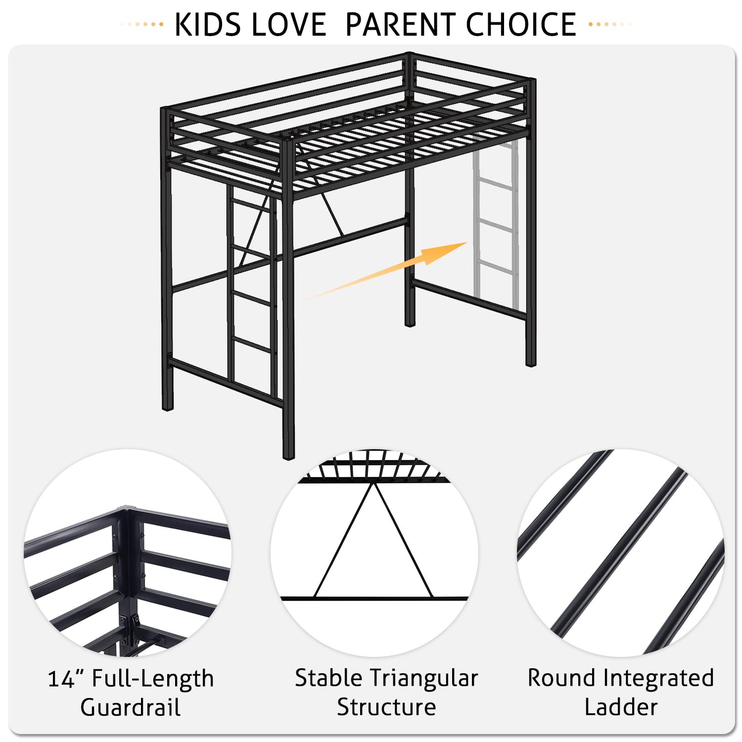 SHA CERLIN Junior Loft Bed Twin Size, Heavy Duty Twin Bed Frame with Full-Length Guardrail & Removable Stairs, Noise-Free, Space-Saving, No Box Spring Needed, Black