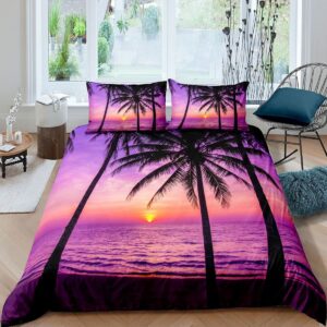 palm trees bedding set tropical seaside duvet cover kids boys girls ocean sealife comforter cover hawaiian sunset scenery purple decor bedspread cover with 2 pillowcases 3pcs bedding full