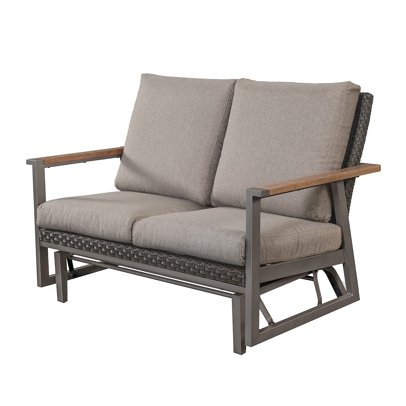 Sports Festival Outdoor Furniture Patio Glider Bench Swing Seating Loveseat with Grey Thick Cushions Rattan Wicker Rocking Chair in Metal Frame for Garden Porch Backyard