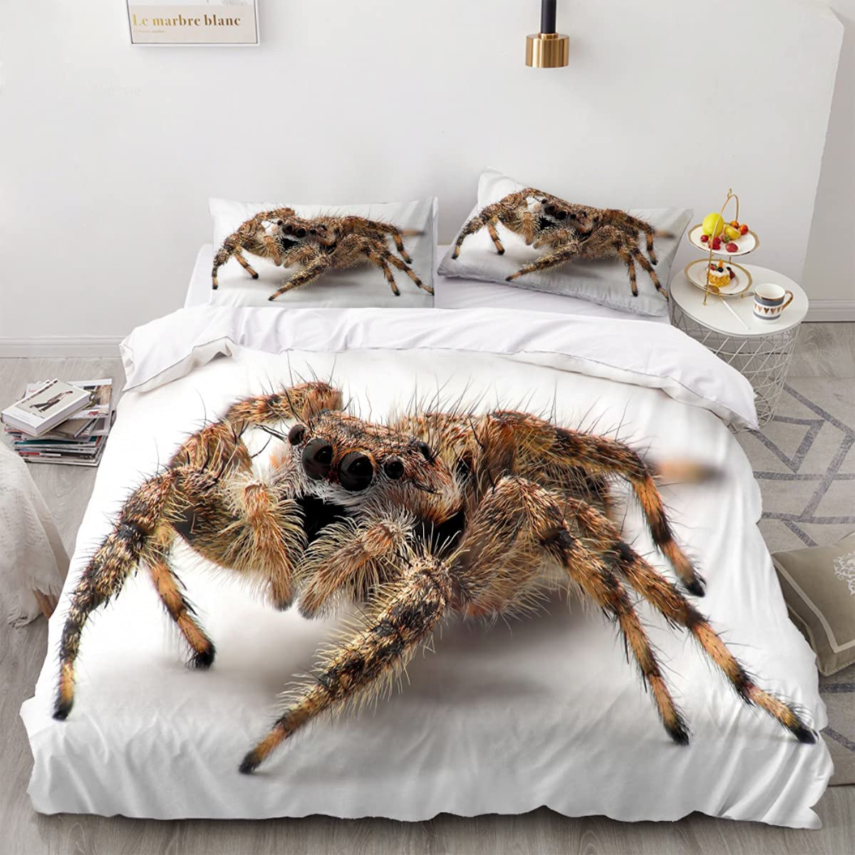 MOUMOUHOME Tarantula Print Bedding Set Queen Size Microfiber 3D Print Black Brown Spider Comforter Cover Set Insect Theme White 3 Pieces Include 1 Zipper Duvet Cover 2 Pillow Sham No Filler