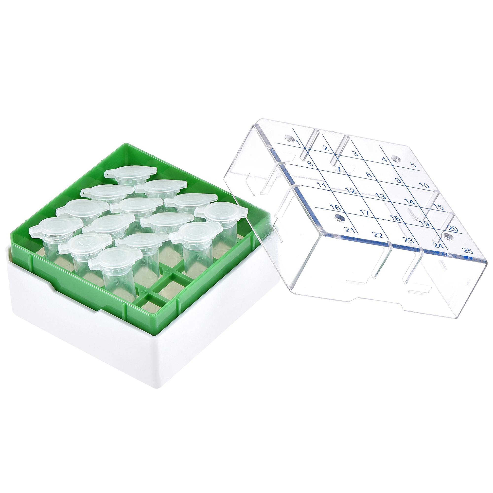 uxcell Centrifuge Tube Freezer Storage Box 25 Places Waterproof Polypropylene Cryogenic Holder Rack for 1.8/2ml Microcentrifuge Tubes Vials Samples, Green