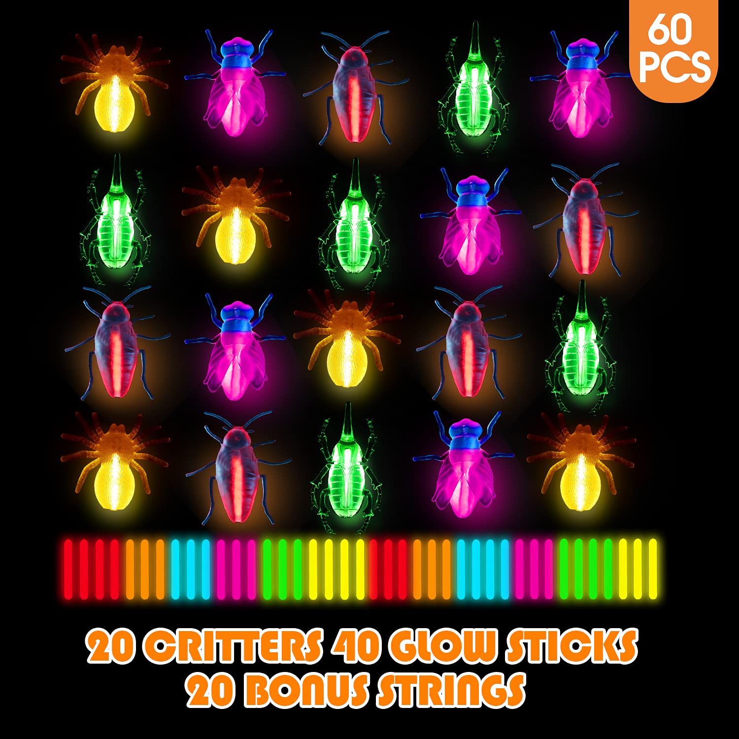 Glow Critters for Halloween Party Favor, Glow in The Dark Toys Set for Kids, School Classroom Game Rewards, Trick or Treating Goodie Supplies, Halloween Miniatures/Prizes,20 Critters 40 Glow Sticks