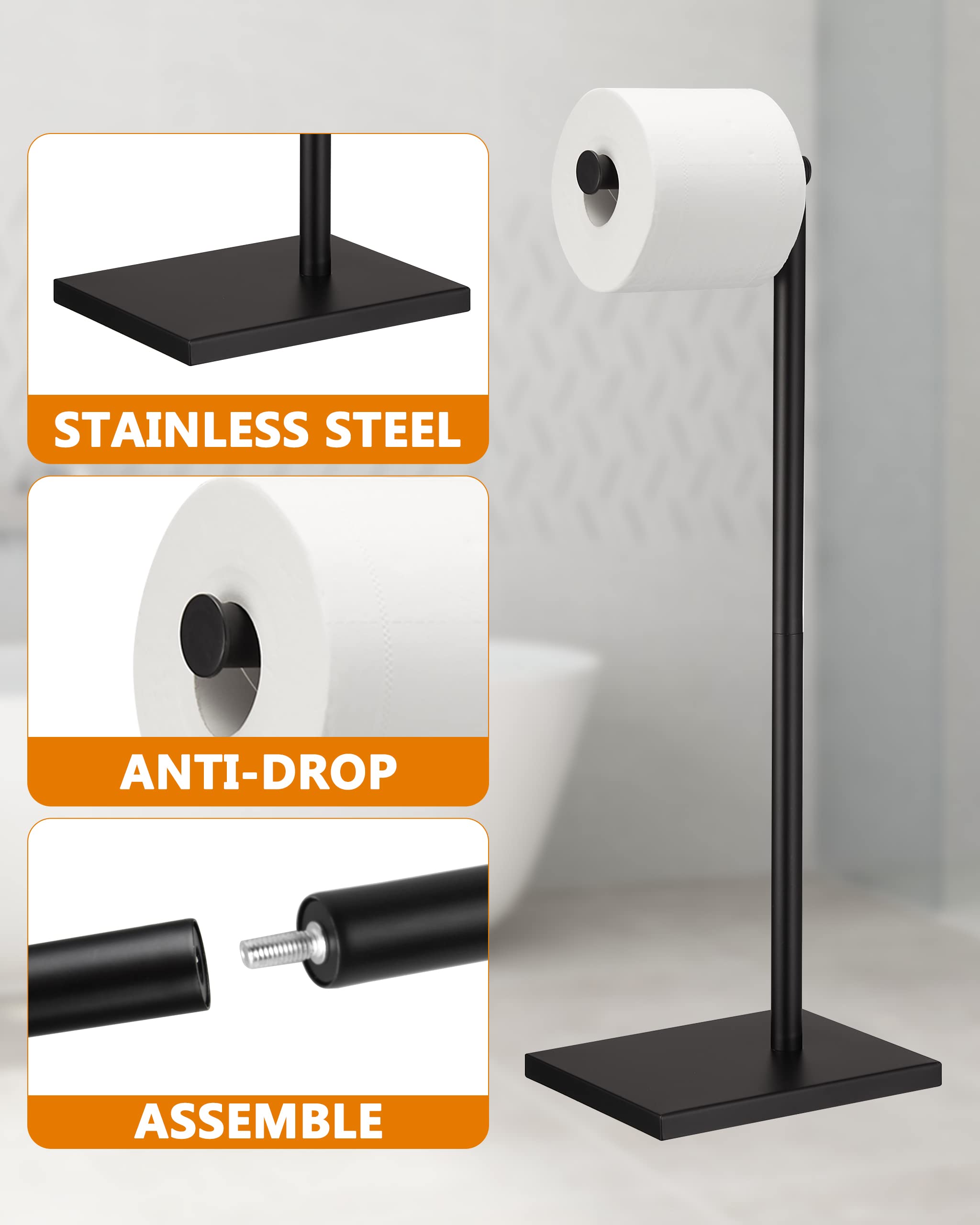 Free Standing Bathroom Toilet Paper Holder Stand with Reserve, Stainless Steel Pedestal Tissue Roll Holder, Black DECLUTTR