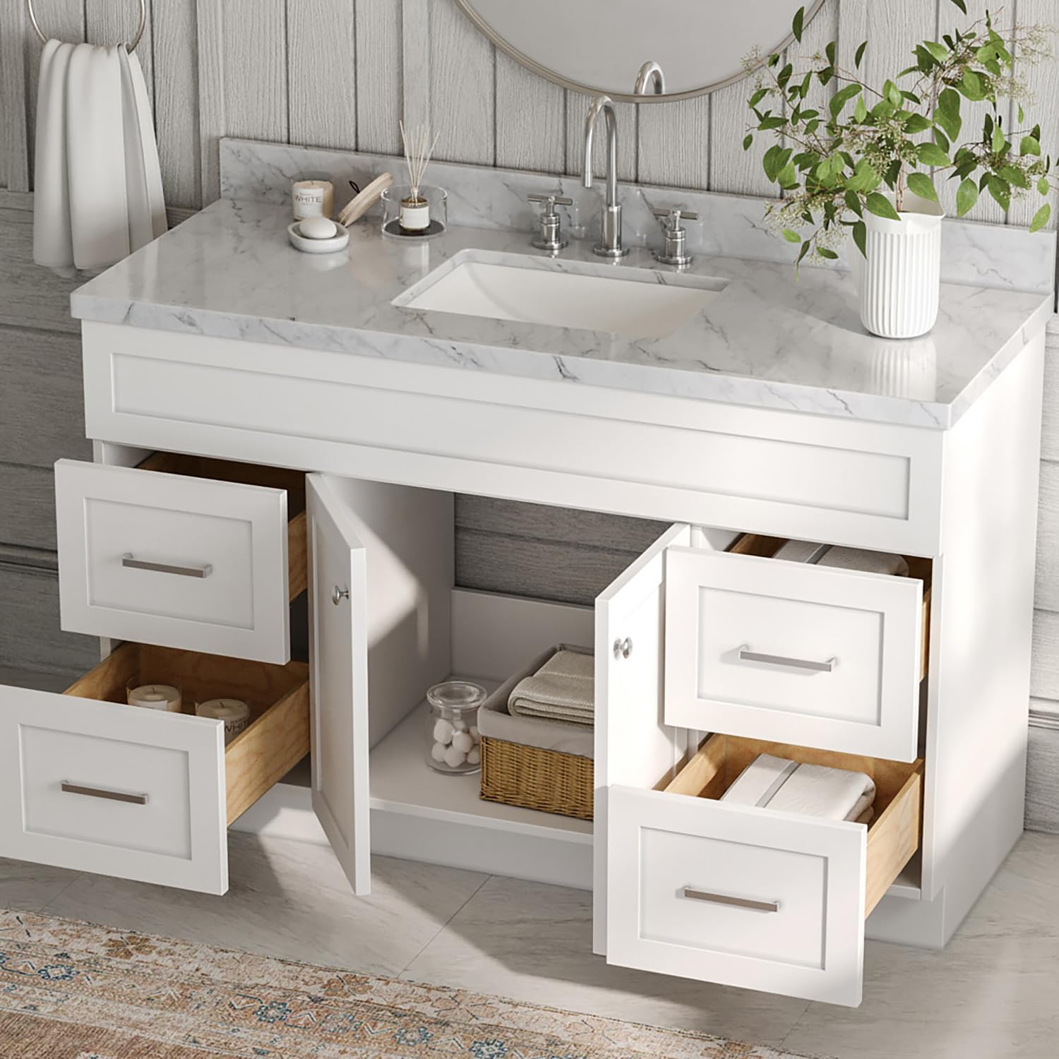 ARIEL 55" White Bathroom Vanity with 1.5" Edge Italian Carrara Marble Countertop & Splash, Rectangular Sink, 2 Soft Closing Doors, 4 Full Extension Dovetail Drawers, Toe Kick, Brushed Nickel