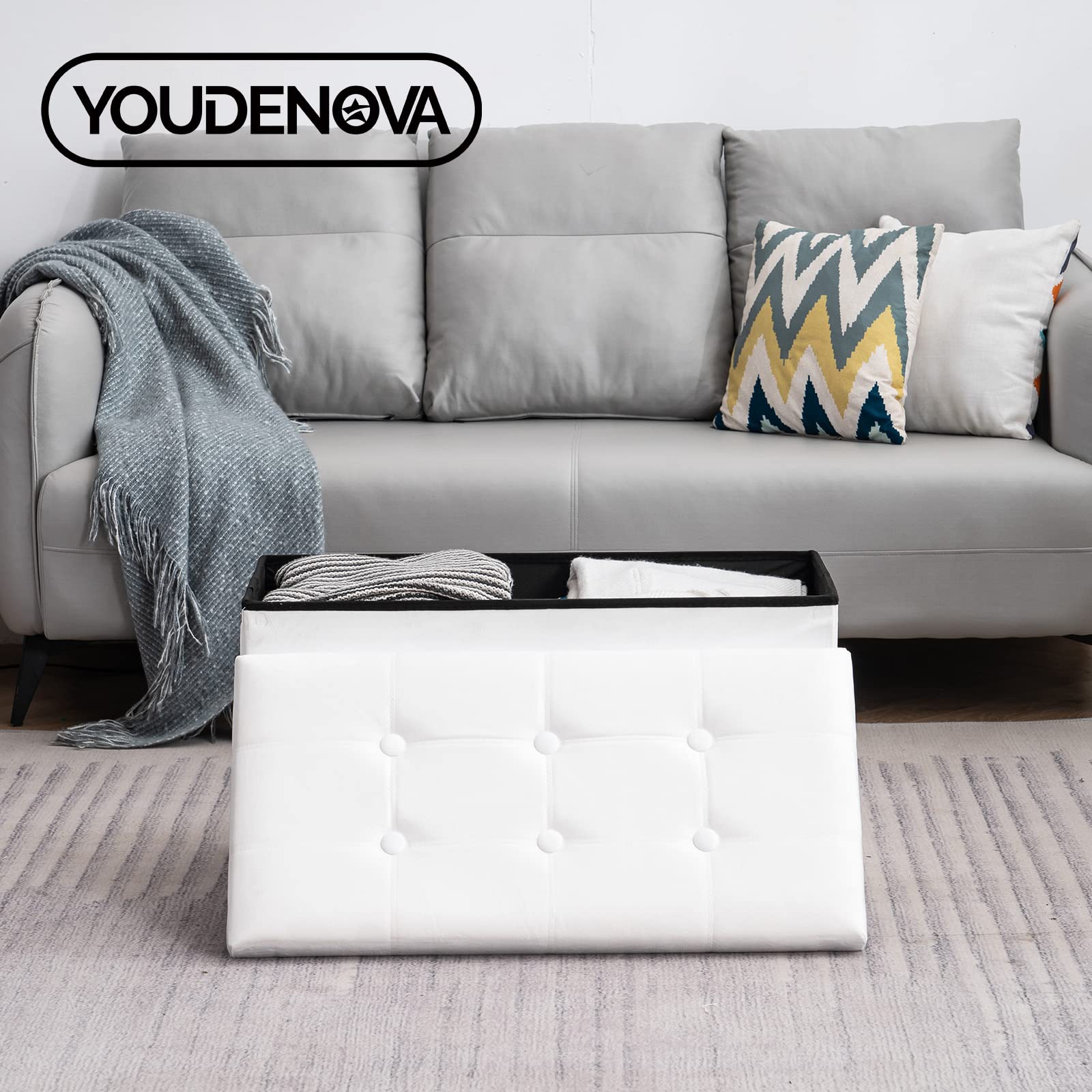 YOUDENOVA 30 Inches Folding Storage Ottoman Bench, Velvet Storage Chest, Footrest Couch with Wooden Legs, Support 350lbs for Bedroom, Living Room, Hallway, White