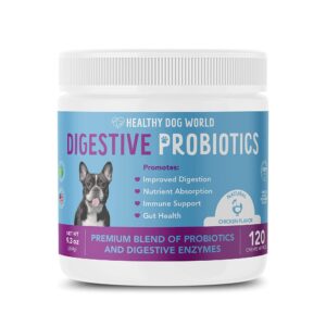 healthy dog world digestive chews with enzymes - probiotics for dogs - probiotic for gut flora, digestive health - relieves dogs diarrhea - bowel support - improves digestion, immunity - 120 ct.