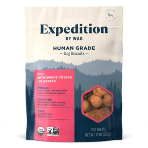 amazon brand - wag expedition human grade organic biscuits dog treats, non-gmo, sweet potato & flaxseed, 10oz