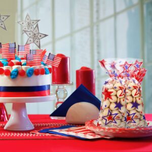 100 Pieces Patriotic Celllo Treat Bags Labor Day Goodie Bag Blue Red USA Star Candy Bag Independence Day 4th of July Cellophane Plastic Bag with 100 Silver Twist Tie for American Party Supplies Gift