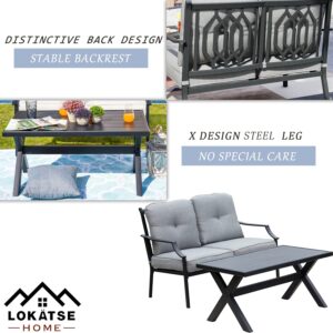 LOKATSE HOME Outdoor Loveseat and Coffee Table Metal Conversation Set Patio Furniture with Cushions for Poolside Backyard Lawn, Grey