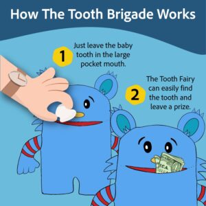 The Tooth Brigade Tooth Fairy Pillow | Fun and Interactive Stuffed Plush Toy with Large Pocket for Lost Teeth, Treasures, Prizes - Perfect for Kids, Boys, & Girls Gift (Blue Monster)