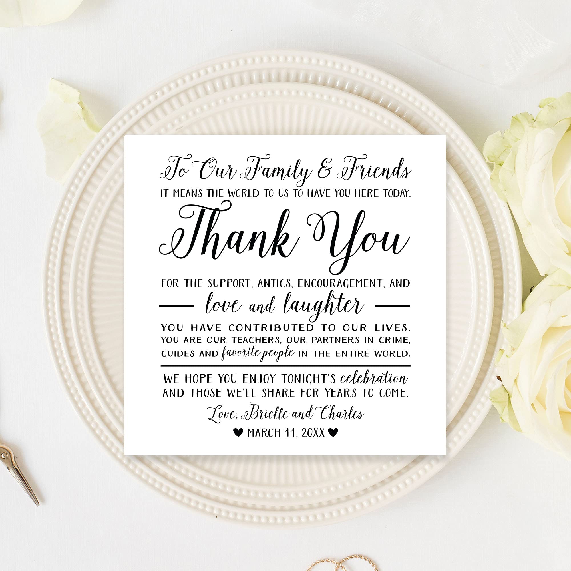 Hello Love Goods Personalized Wedding Reception Place Setting Thank You Cards, Table Decoration Centerpieces, 5.25x5.25, Made in the USA