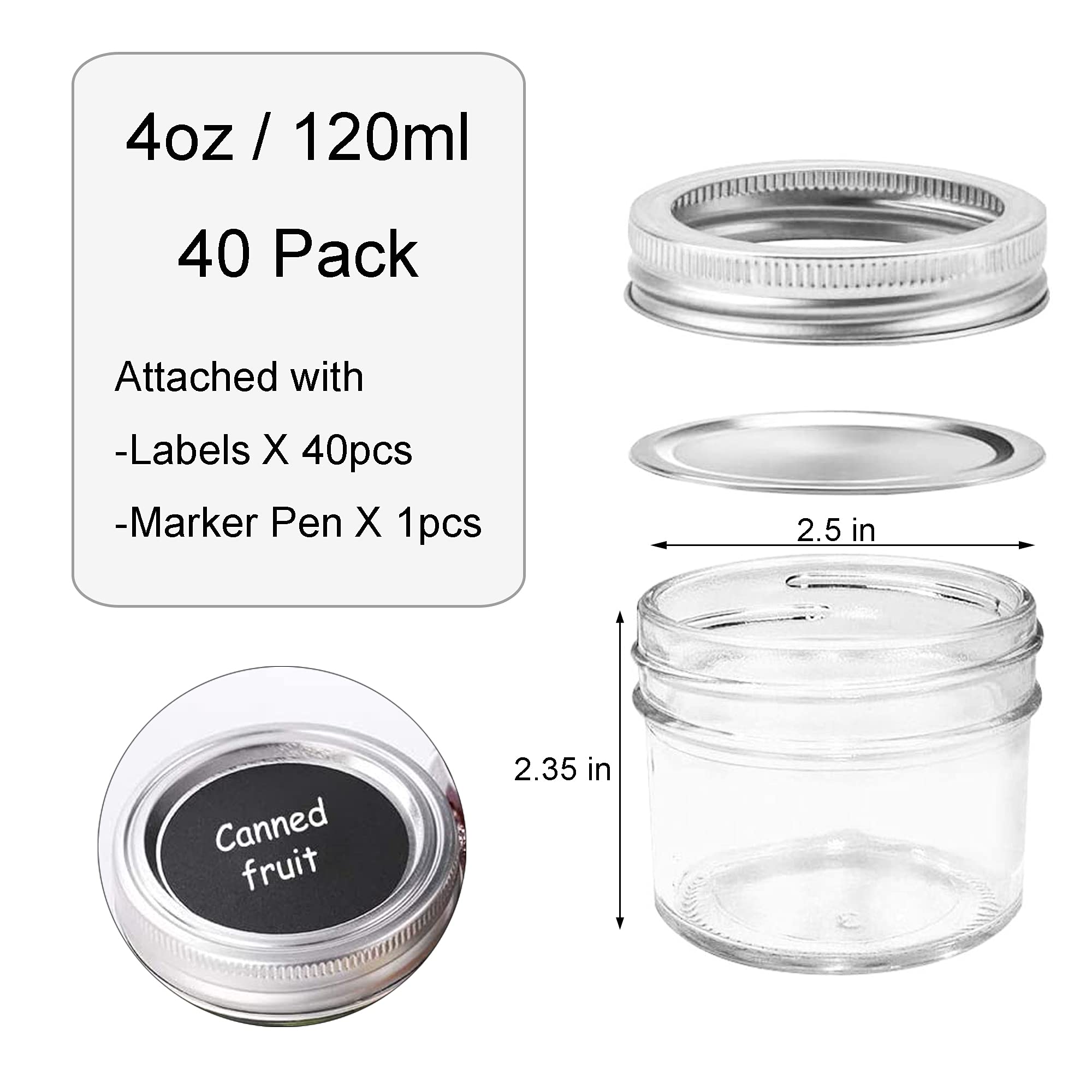 Homerove 4 oz Mason Jars with Silver Lids and Bands, 40 Pack 120 ml Regular Mouth Glass Canning Jars for Jam, Honey, Wedding Favors, Shower Favors, Spice