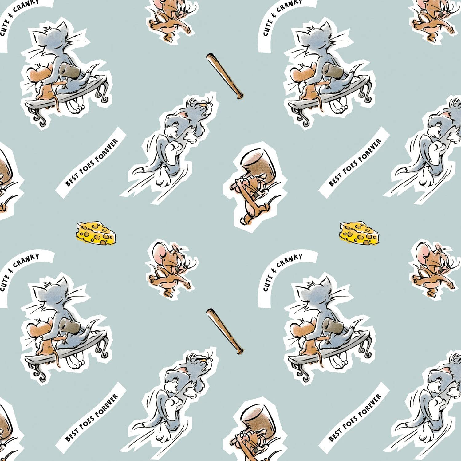 Tom and Jerry Fabric Foes Forever in Blue Hanna-Barbera Premium Quality 100% Cotton Fabric by The Yard