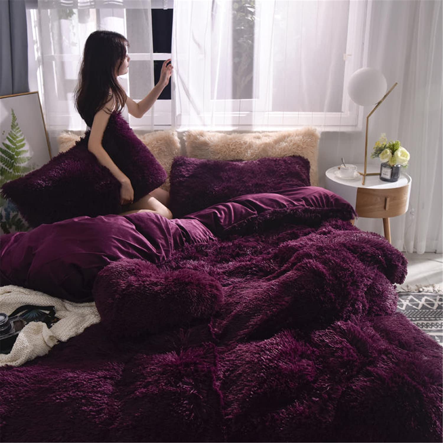 Soukach Shaggy Fluffy Twin Duvet Cover Set,2 PCS Faux Fur Bedding,1 Fuzzy Duvet Cover +1 Furry Crystal Velvet Pillow Case,Luxury Long Fleece Decorative for Bed Room (Plum Purple, Twin)