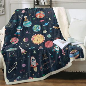 sleepwish outer space sherpa plush blanket for boys ship planet astronaut fleece throw blanket for sofa couch travel, throw(50"x60")