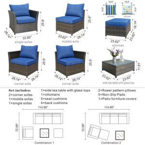 ovios Patio Furniture Set 6 Piece Fully Assembled Outdoor Furniture Conversation Set All Weather High Back Sofa Rattan Wicker Sectional Sofa Set for Yard Deck Porch (Navy Blue)