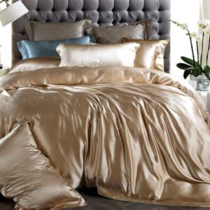 Orose 4Pcs 25MM Silk Duvet Cover Set 100% Seamless Silk Sheets Charmeuse Mulberry Silk Bedding Sheet Set (Bright Coffee, King)