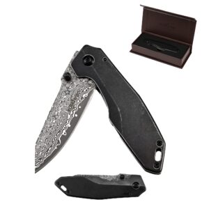 albatross 7" edc simple practical folding knife liner lock pocket knife with modern vg10 damascus steel blade,retro blackwash handle,belt clip and brown gift box