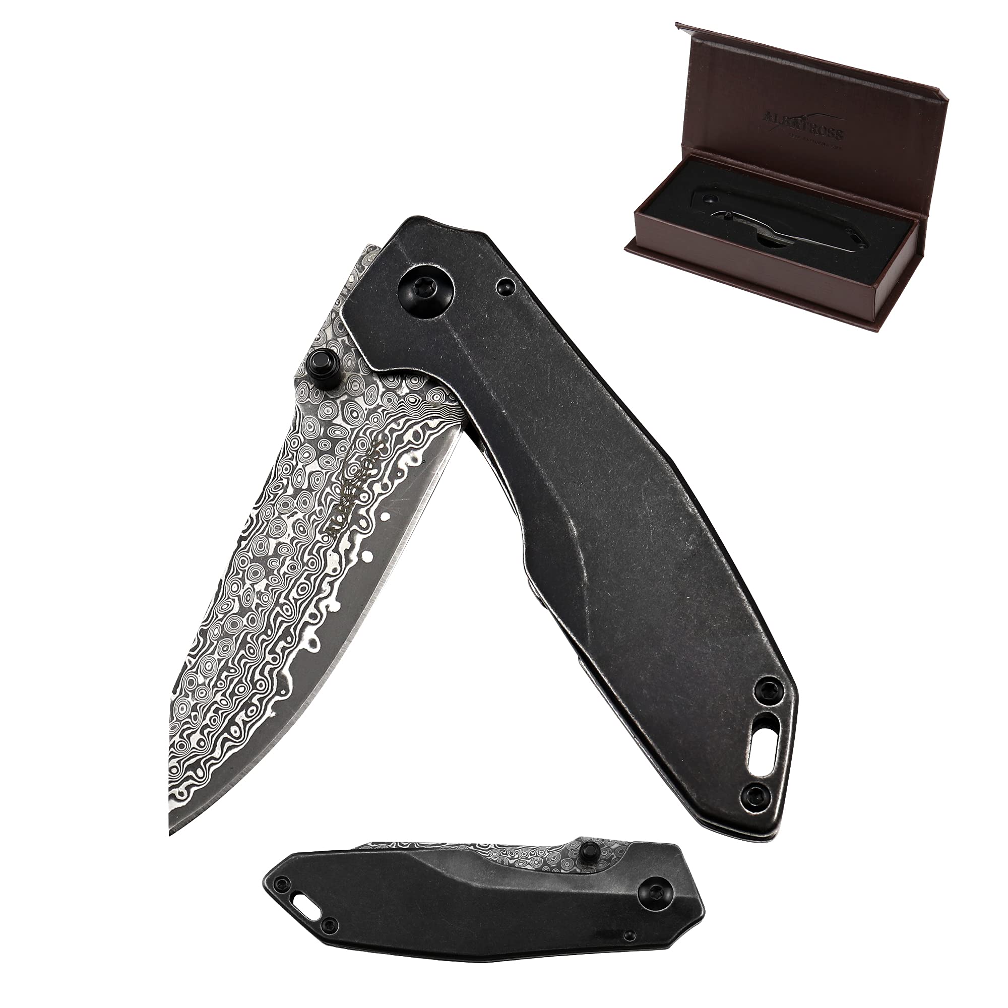 ALBATROSS 7" EDC Simple Practical Folding Knife Liner Lock Pocket Knife with Modern VG10 Damascus Steel Blade,Retro Blackwash Handle,Belt Clip and Brown Gift Box