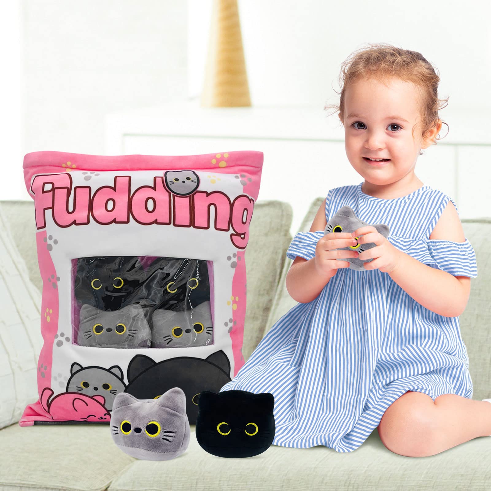 Cute Black Cat Plush Pillow Throw Pillow, Removable Stuffed Animal Plush Toy, Bag of Soft Gray Cat Plushies, Kawaii Kitten Plush Doll Sofa Decorative Pillow Gifts for Boys Girls Kids (Pink)