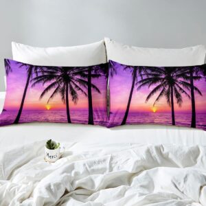 Palm Trees Bedding Set Tropical Seaside Duvet Cover Kids Boys Girls Ocean Sealife Comforter Cover Hawaiian Sunset Scenery Purple Decor Bedspread Cover with 2 Pillowcases 3Pcs Bedding Full