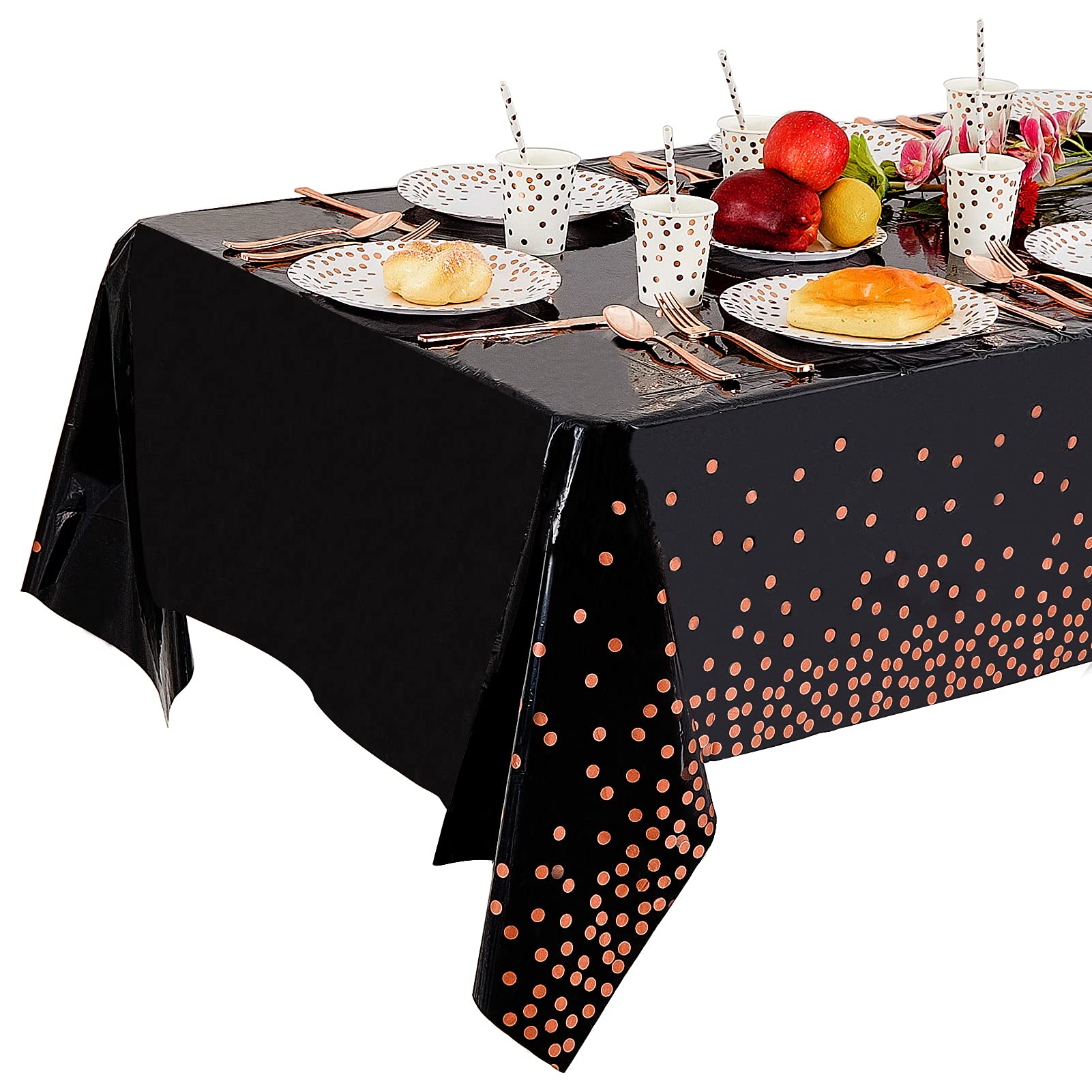 2 Pack Black Rose Gold Plastic Tablecloth for Parties, Disposable Rectangle Table Cloths, Dot Confetti Waterproof Table Covers, 54" x 108", for Graduation Retirement Birthday Anniversary Decorations