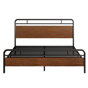 SHA CERLIN King Size Bed Frame with Wooden Headboard and Footboard, Rounded Corner Metal Frame, Heavy Duty Platform Bed with Under Bed Storage, No Box Spring Needed, Walnut