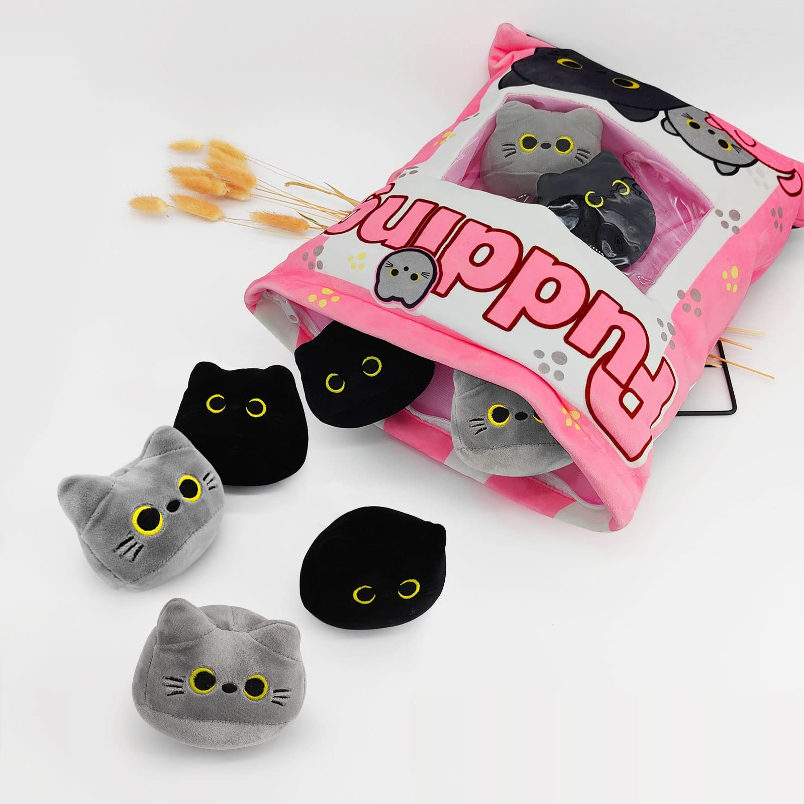 Cute Black Cat Plush Pillow Throw Pillow, Removable Stuffed Animal Plush Toy, Bag of Soft Gray Cat Plushies, Kawaii Kitten Plush Doll Sofa Decorative Pillow Gifts for Boys Girls Kids (Pink)