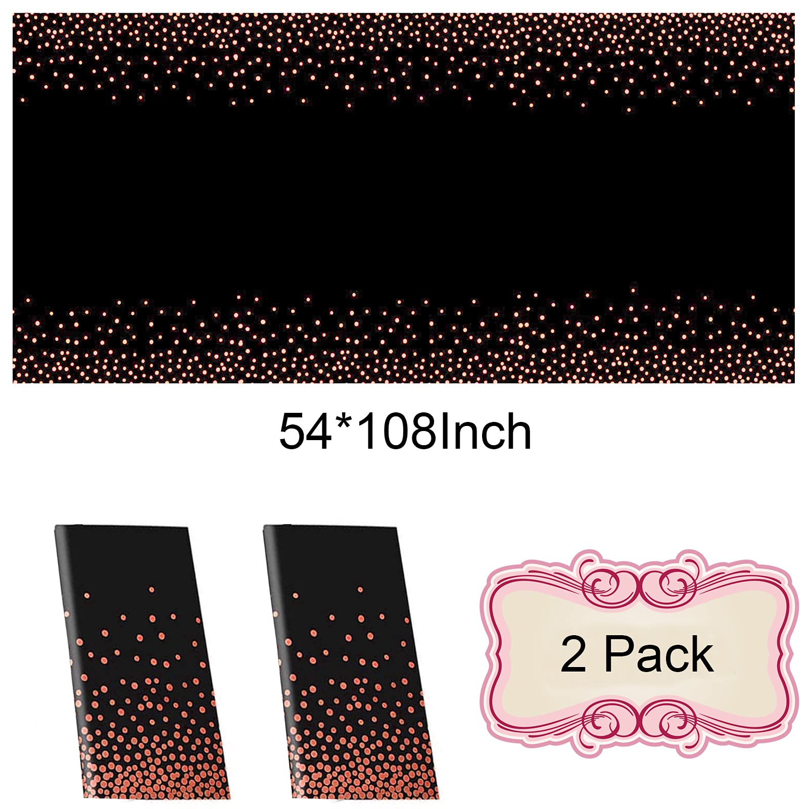 2 Pack Black Rose Gold Plastic Tablecloth for Parties, Disposable Rectangle Table Cloths, Dot Confetti Waterproof Table Covers, 54" x 108", for Graduation Retirement Birthday Anniversary Decorations