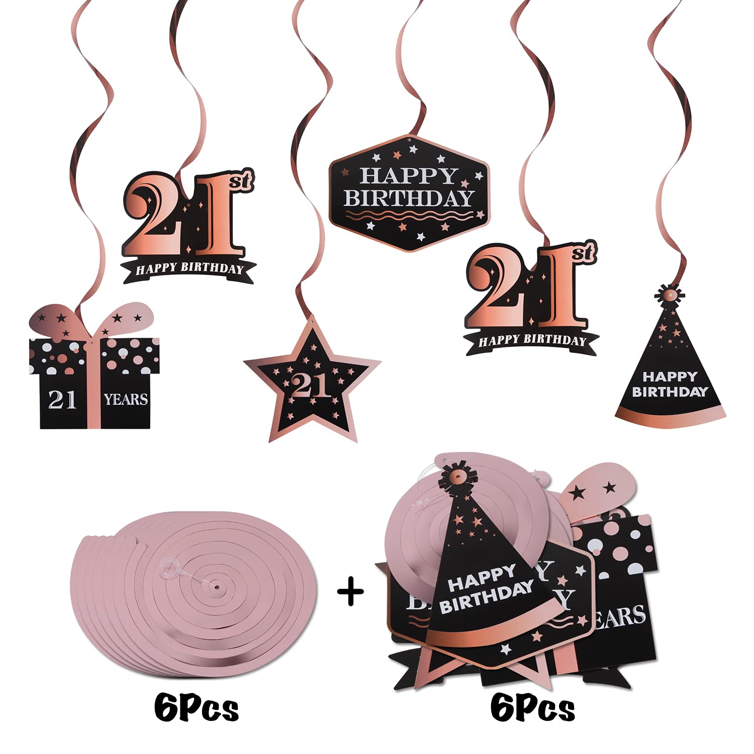 LINGTEER Happy 21st Birthday Decorations,21st Birthday Black with Rose Swirls Hanging Streamer Kit,Cheers to 21 Years Old Bday Foil Party Photo Backdrop Supplies.