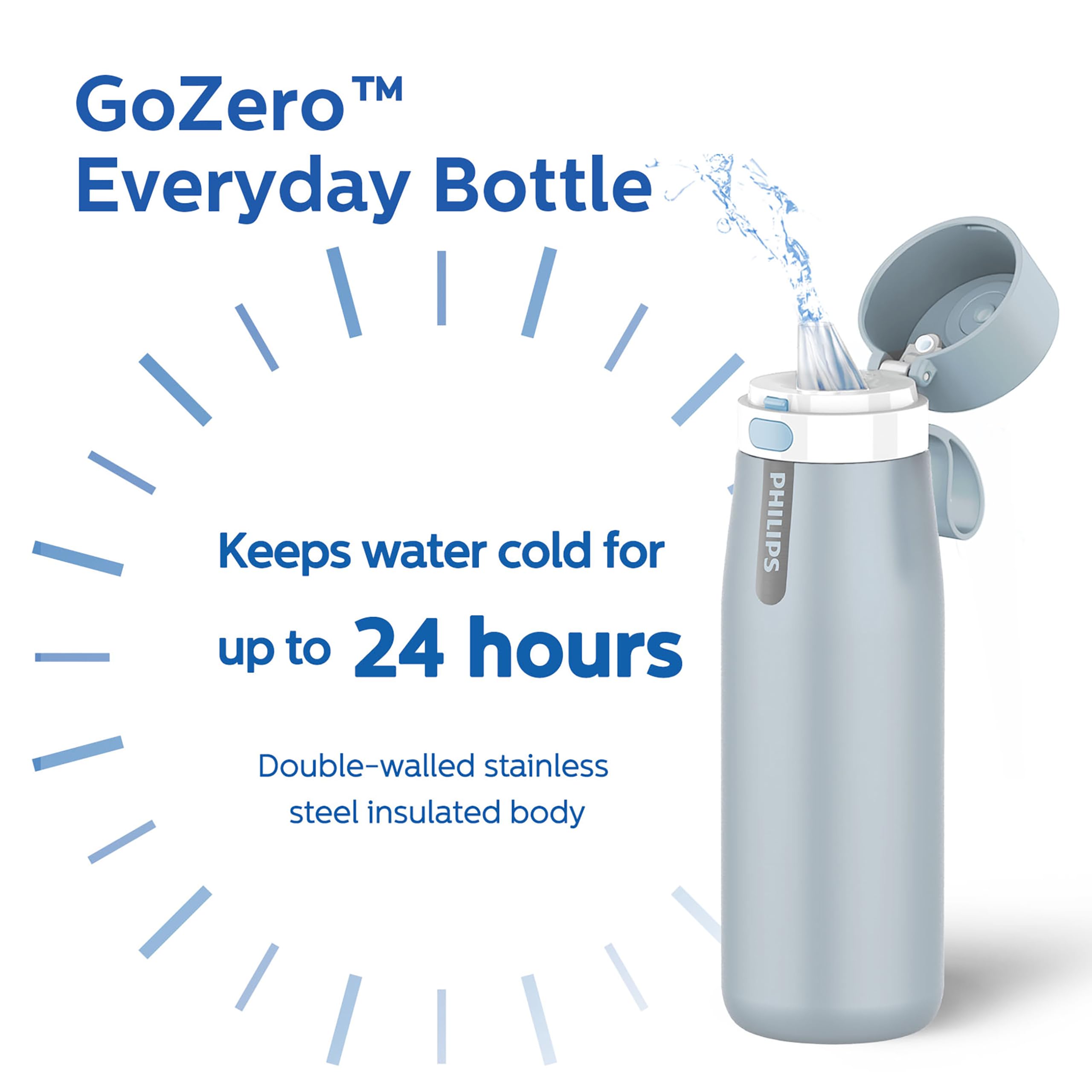 PHILIPS Filtered Water Bottle, Insulated Stainless Steel Water Purifier Bottle for Daily Life & Travel, BPA Free with GoZero Everyday Filter for Cleaner & Tastier Tap Water, Keeps Cold, 18.6 oz Blue