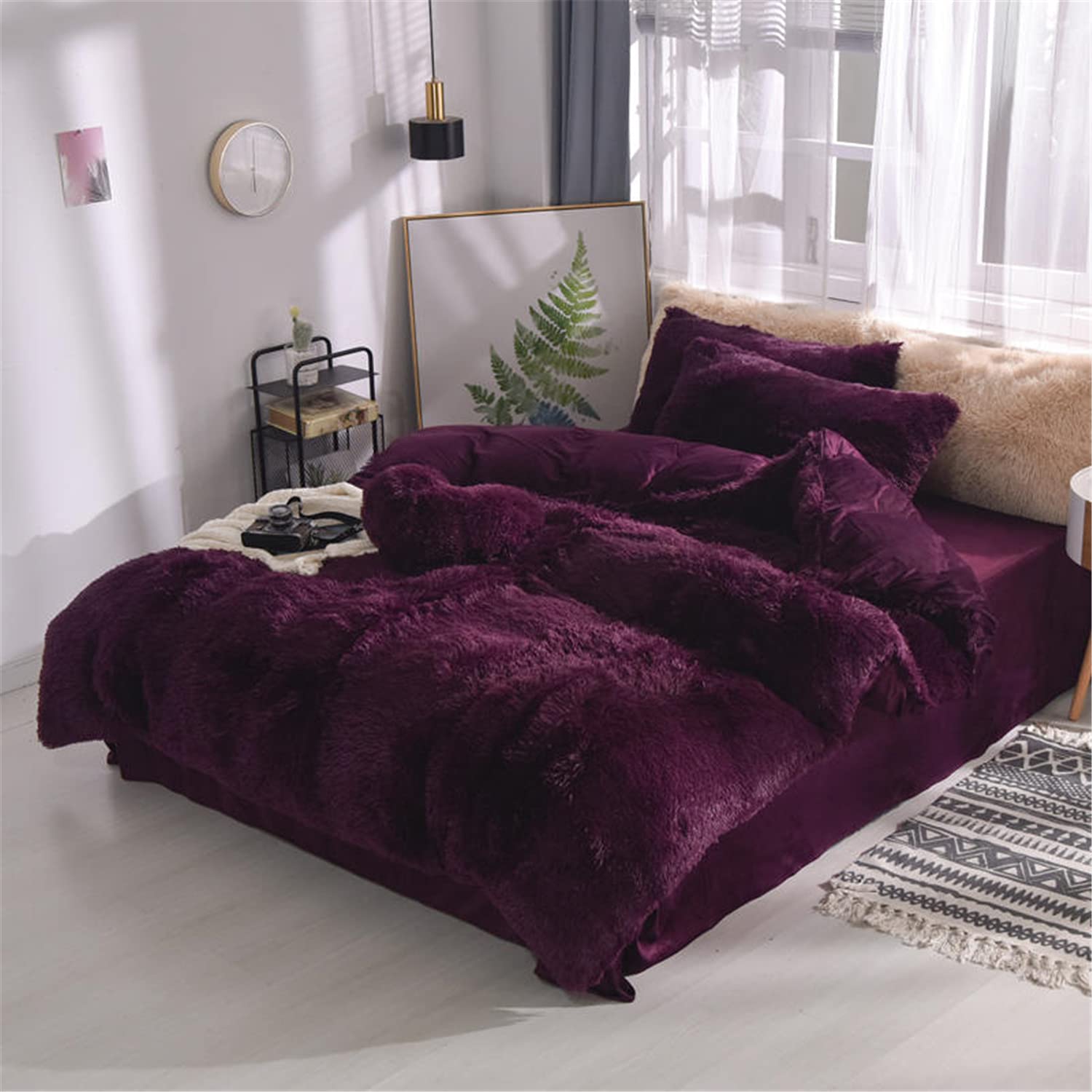 Soukach Shaggy Fluffy Twin Duvet Cover Set,2 PCS Faux Fur Bedding,1 Fuzzy Duvet Cover +1 Furry Crystal Velvet Pillow Case,Luxury Long Fleece Decorative for Bed Room (Plum Purple, Twin)