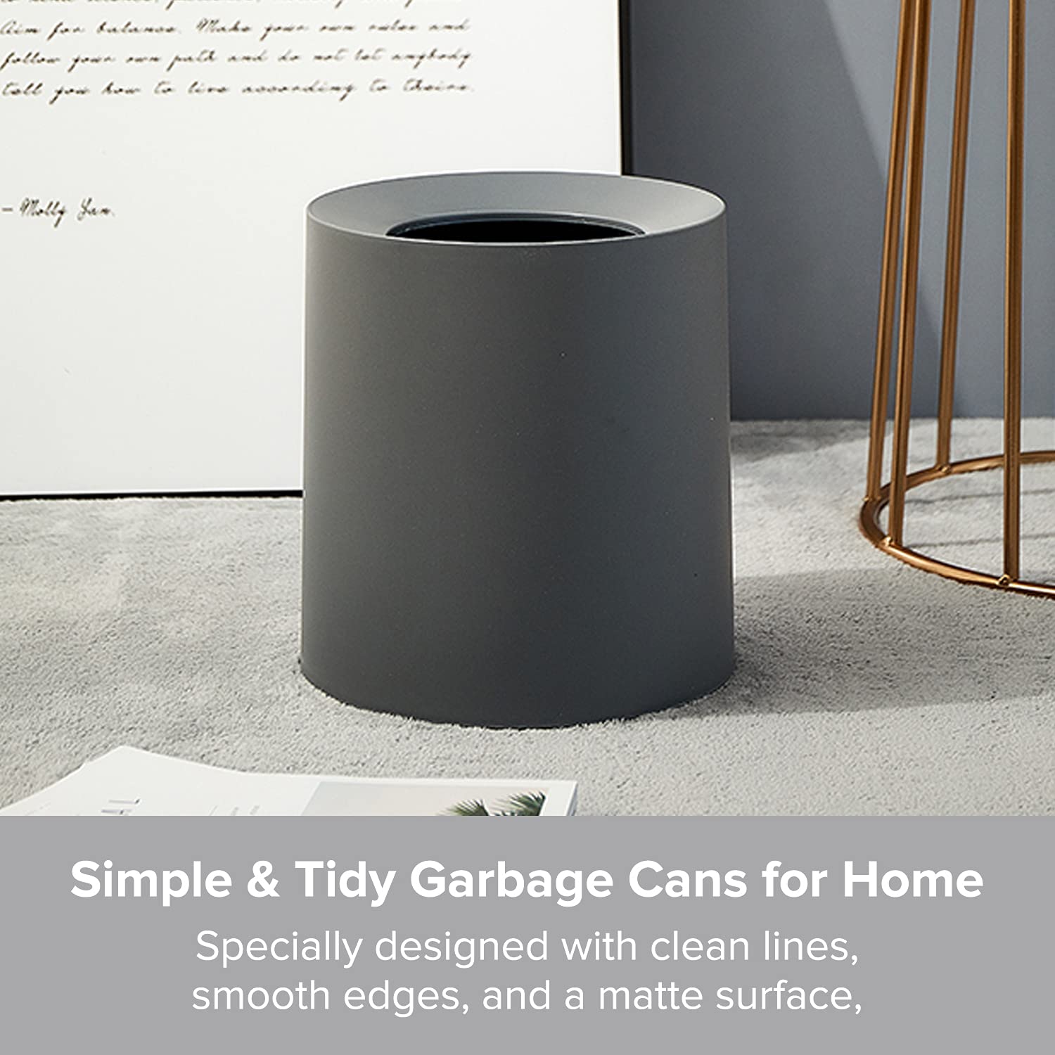 Modern Round Waste Basket - 3.2Gal/12.1L Open Top Trash Bin - Gray Garbage Can with Removable Plastic Bin Liner - Touchless Bathroom Garbage Can or Trash Can for Kitchen - Minimalist Office Trash Can