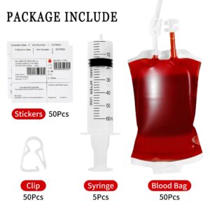 MGparty 50 Packs Halloween Blood IV Bags Reusable Drink Pouches Juice Containers for Halloween Zombie Vampire Party Decoration with Syringe and Clips, 10.14 fl.oz (50pcs Bags, 50 Labels, 3 Syringes)