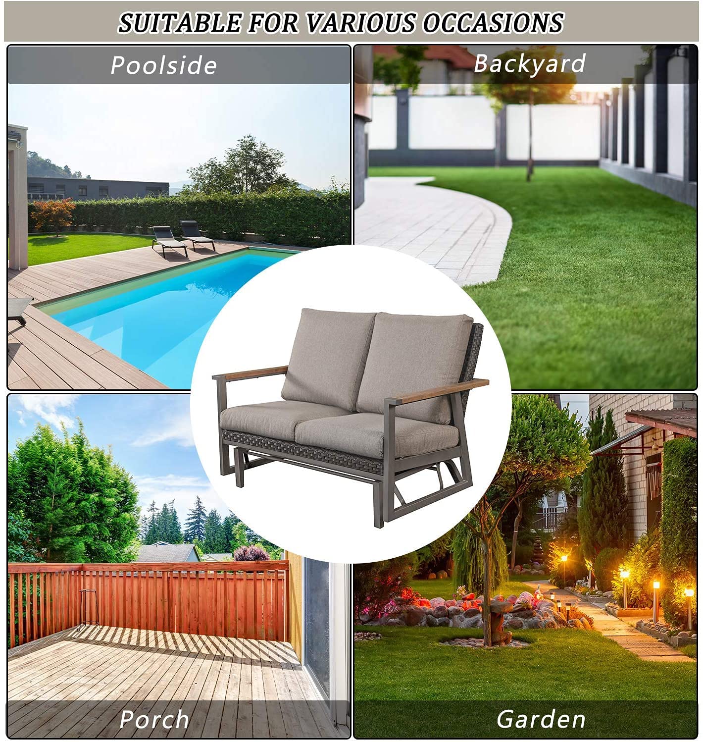 Sports Festival Outdoor Furniture Patio Glider Bench Swing Seating Loveseat with Grey Thick Cushions Rattan Wicker Rocking Chair in Metal Frame for Garden Porch Backyard